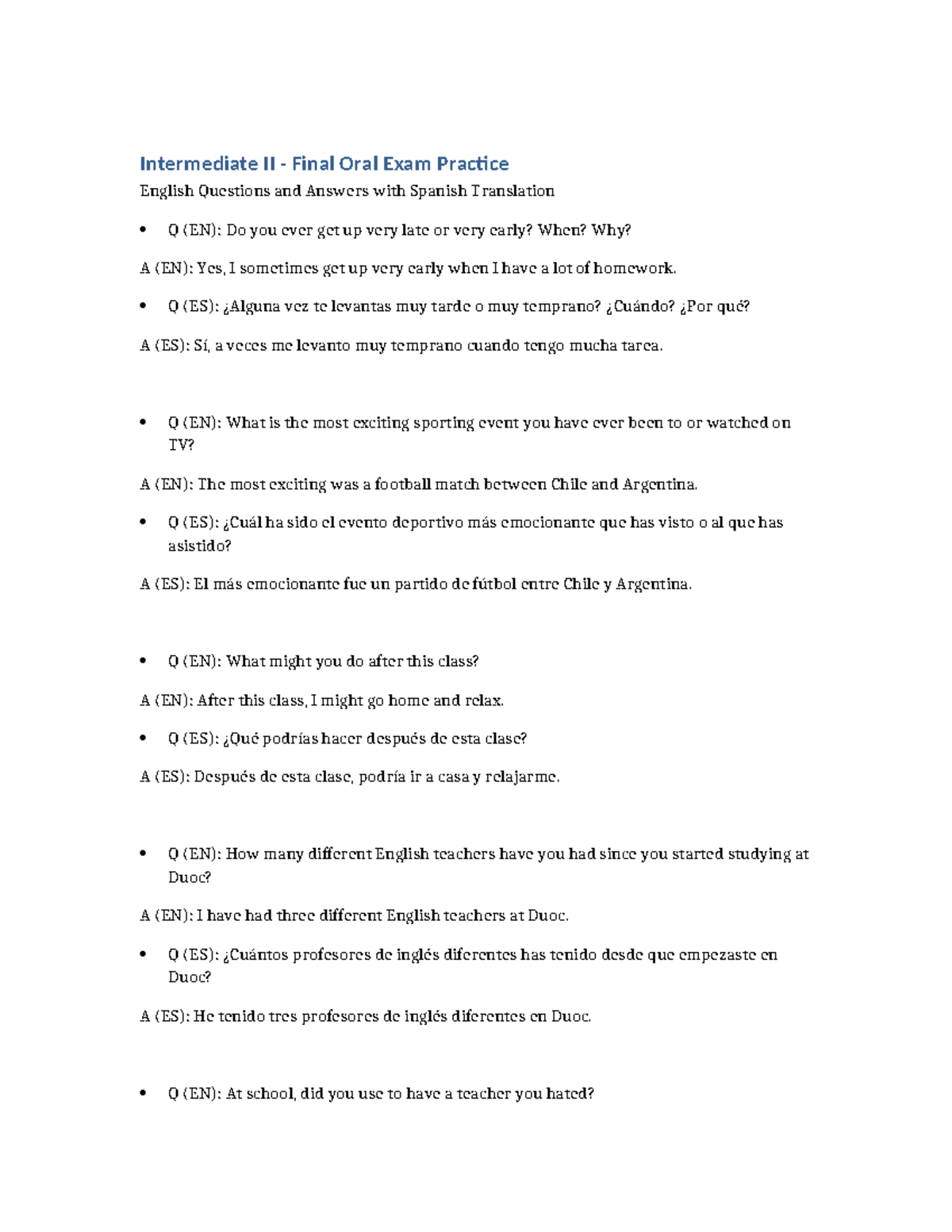 Intermediate II - Final Oral Exam Q&A with Spanish Translations - Studocu