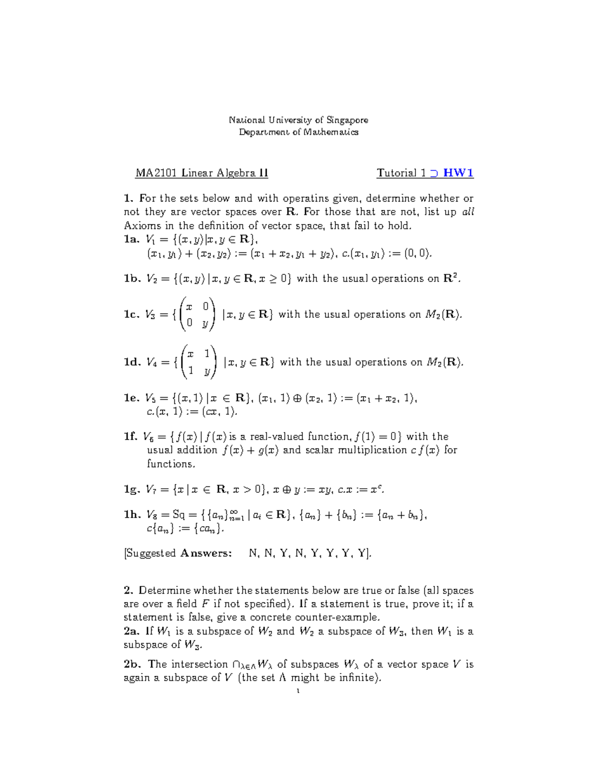 MA2101 Linear Algebra II Tutorial 1 Homework Solutions - Studocu