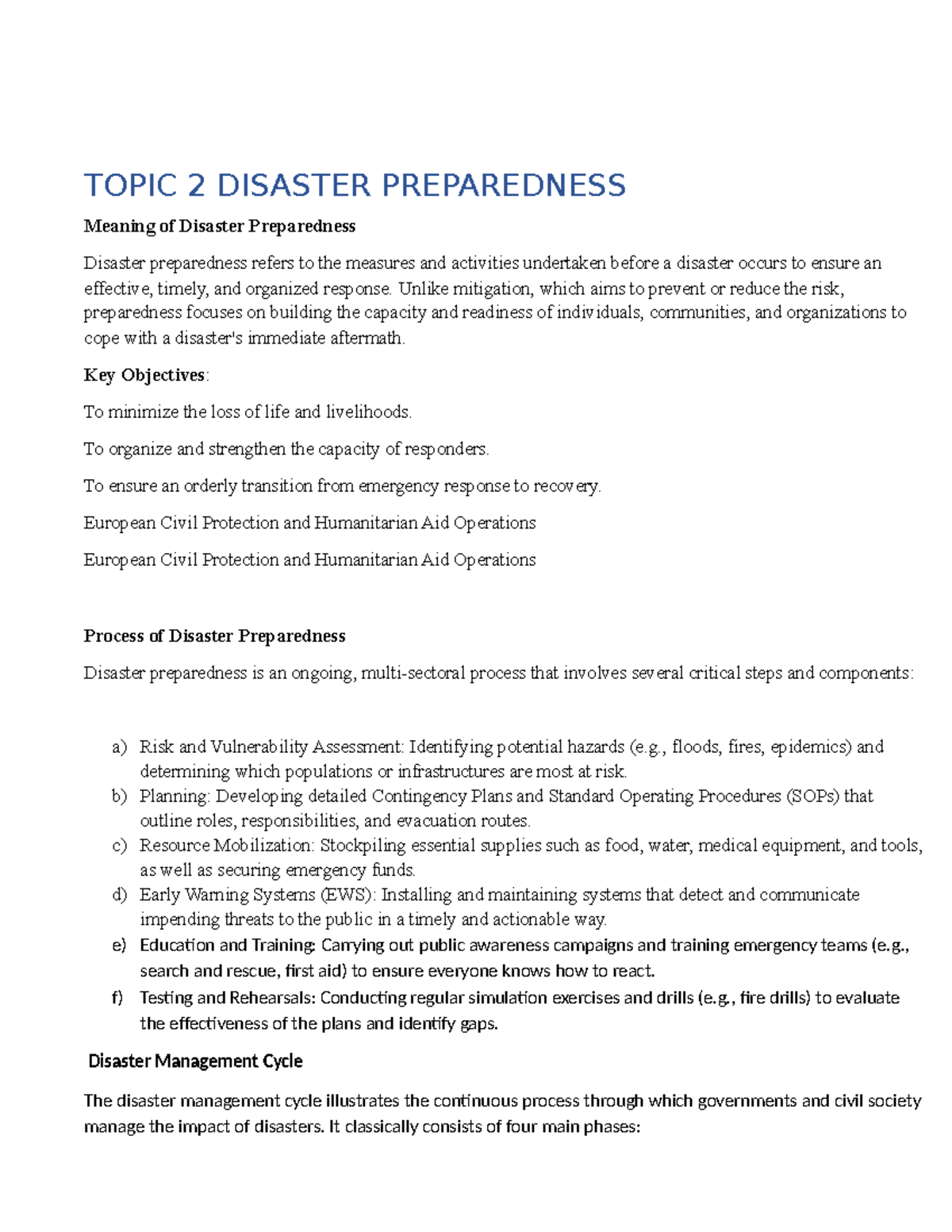 TOPIC 2: DISASTER PREPAREDNESS & MANAGEMENT CYCLE - Studocu