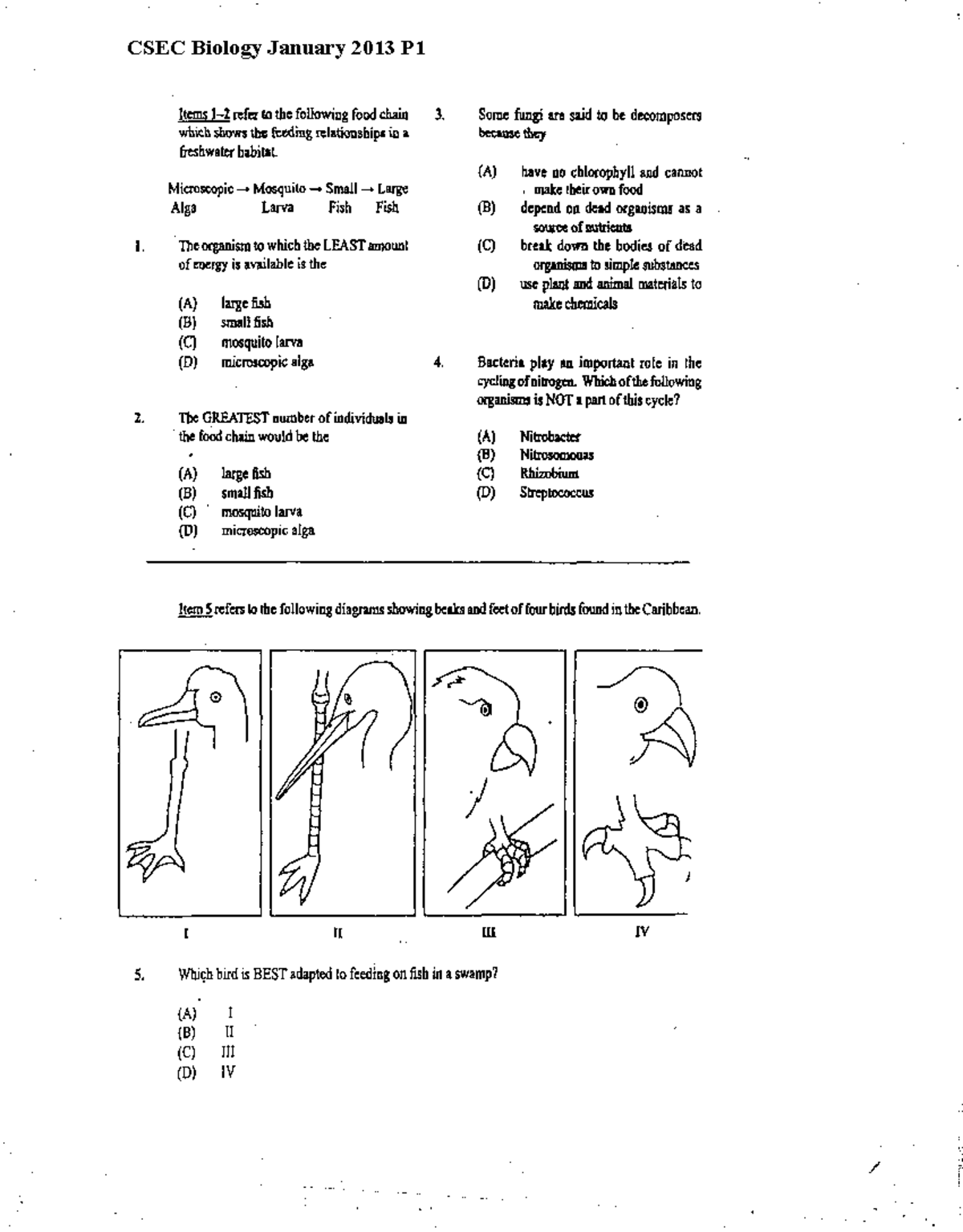 CSEC Biology January 2013 Paper 1 Exam Questions and Answers - Studocu