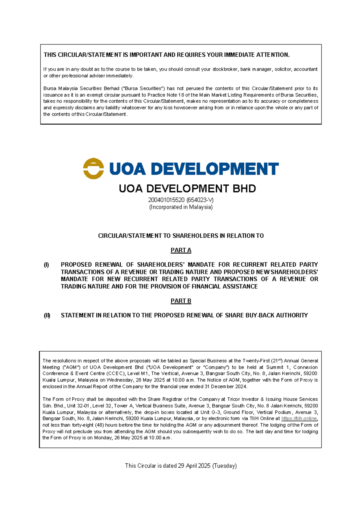 UOA Development Bhd - RRPT Circular for AGM 2025 - Studocu