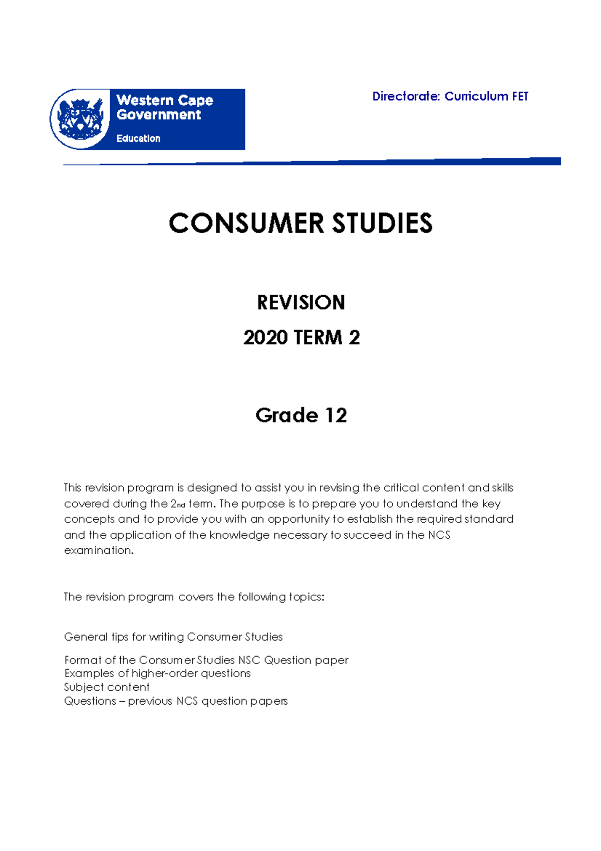 Grade 12 Consumer Studies Term 2 Exam Revision Guide - Studocu