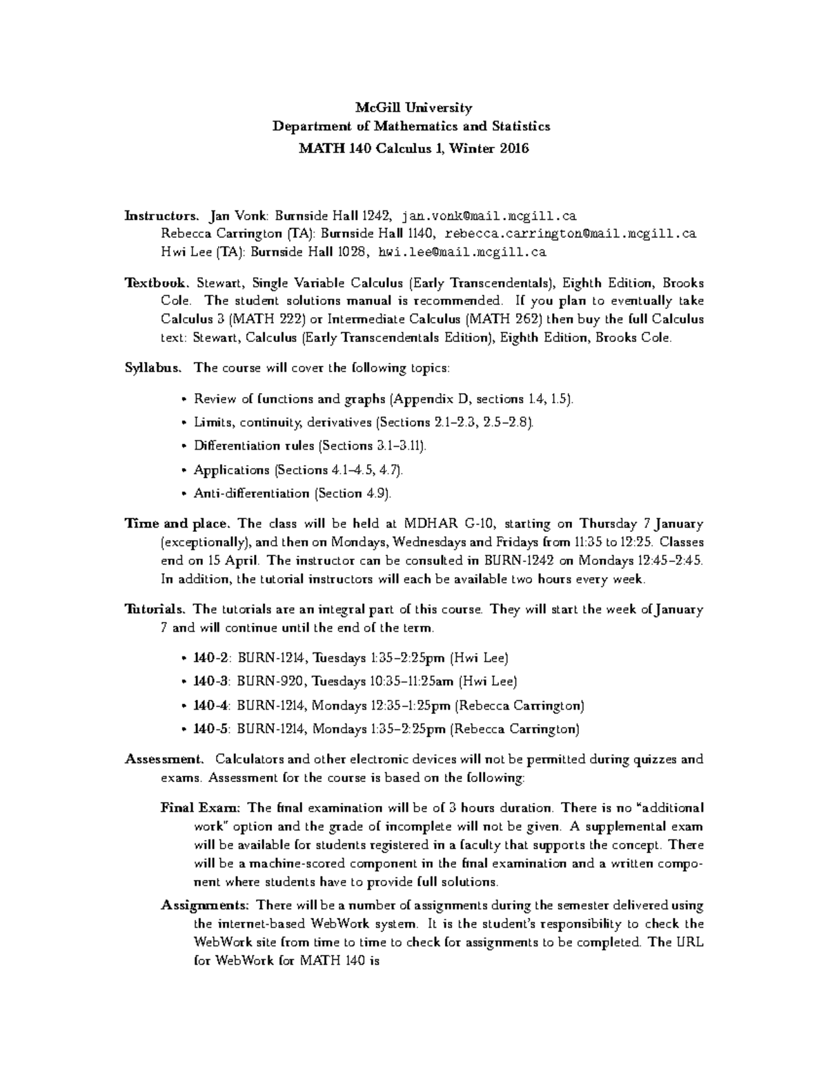 MATH 140 Calculus 1 Syllabus Outline - Winter 2016 - Studocu