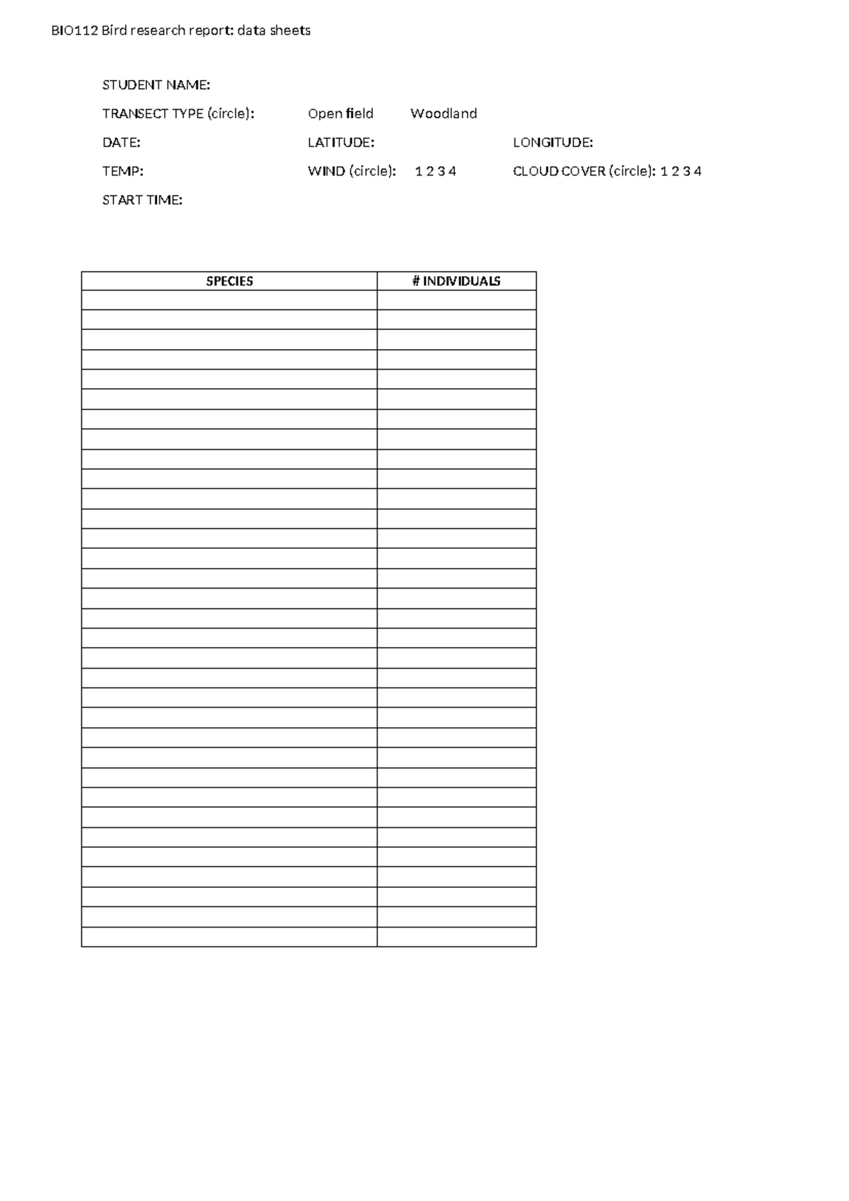 Bird Survey Datasheet - BIO112 - BIO112 Bird research report: data ...
