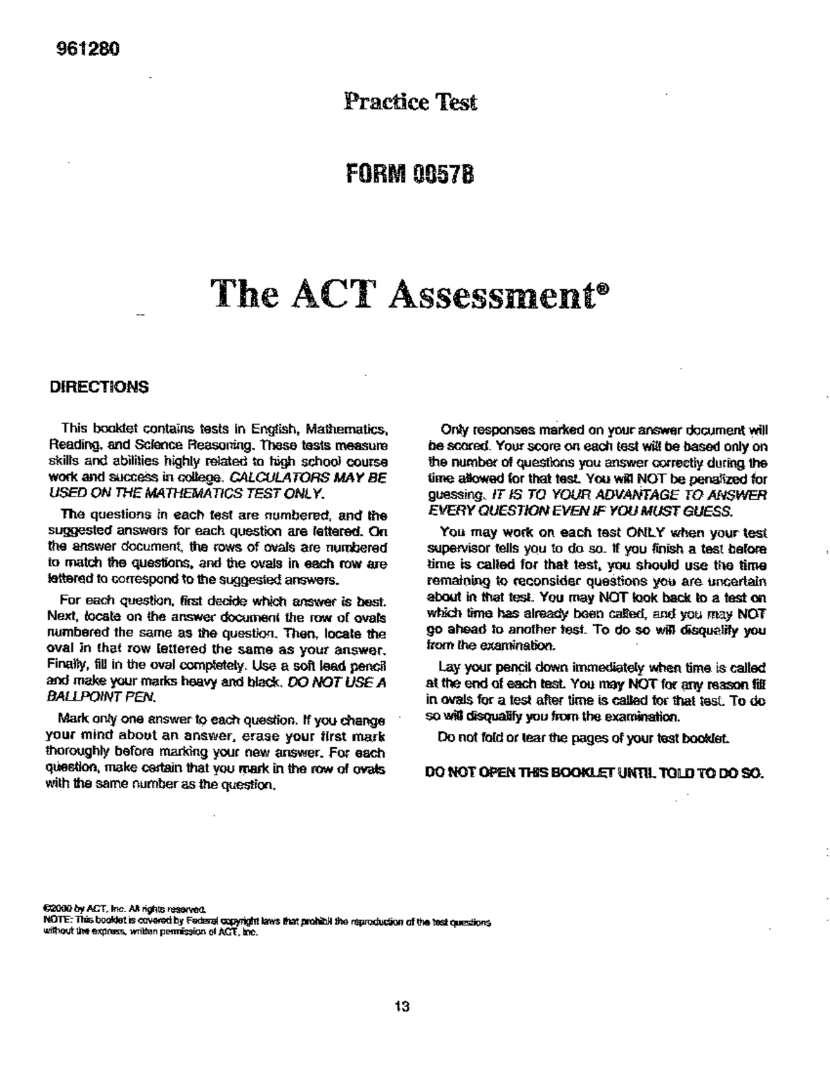 ACT Practice Test 961280 FORM 0057B - Comprehensive Review Guide - Studocu