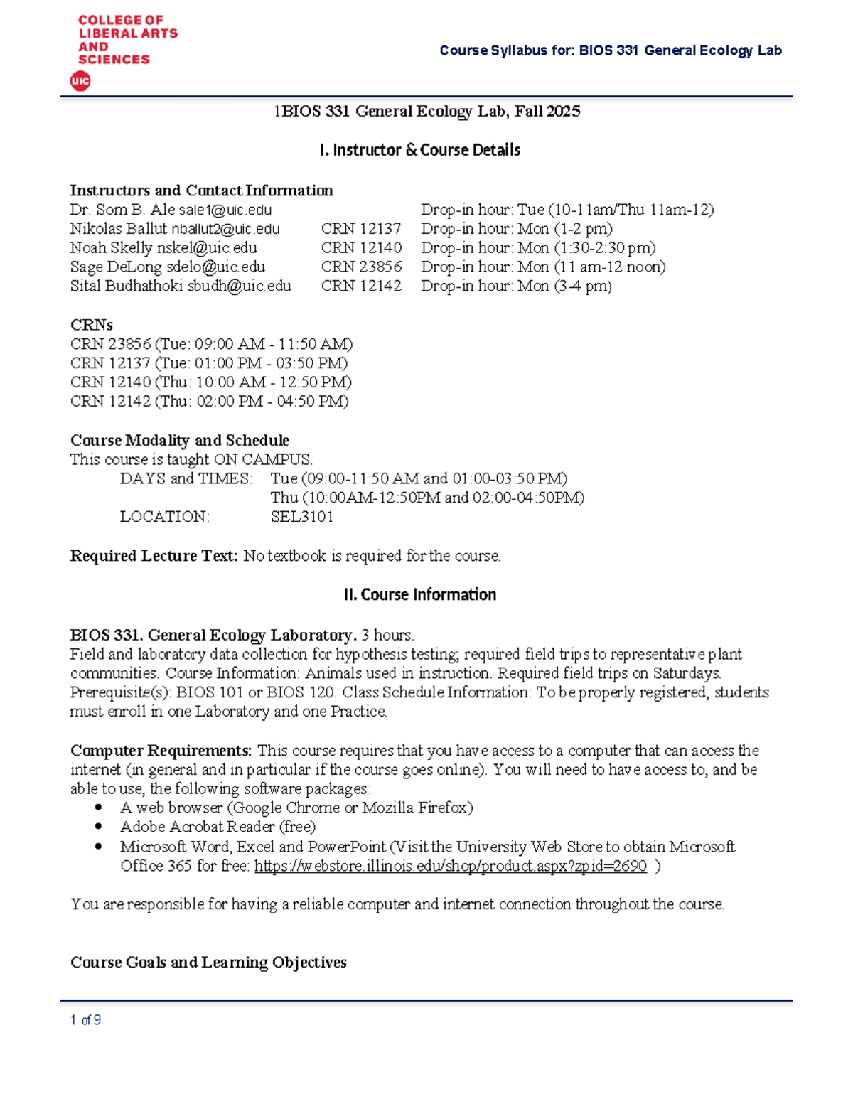 BIOS 331 General Ecology Lab Syllabus - Fall 2025 - Studocu