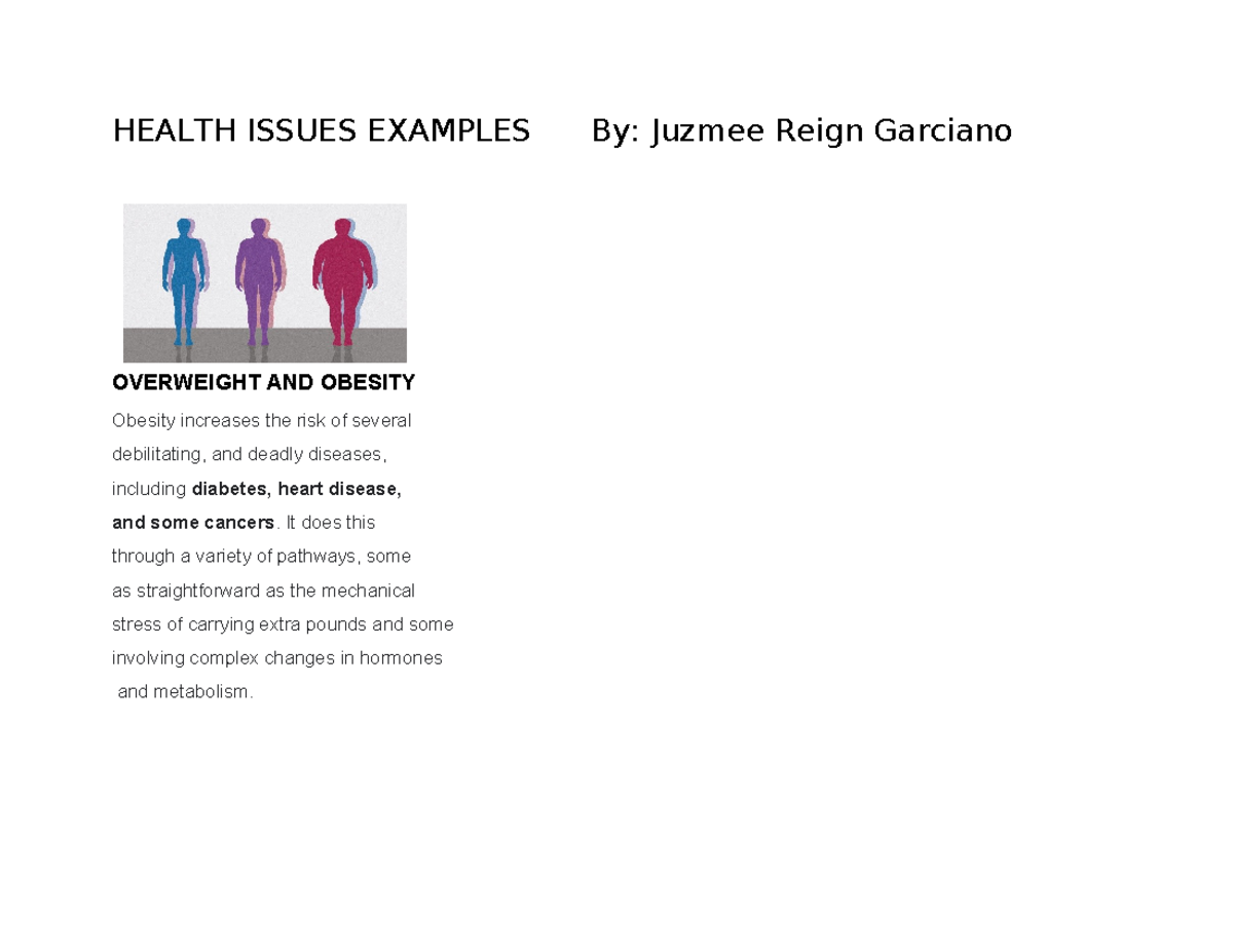 Health Issues - HEALTH ISSUES EXAMPLES By: Juzmee Reign Garciano ...