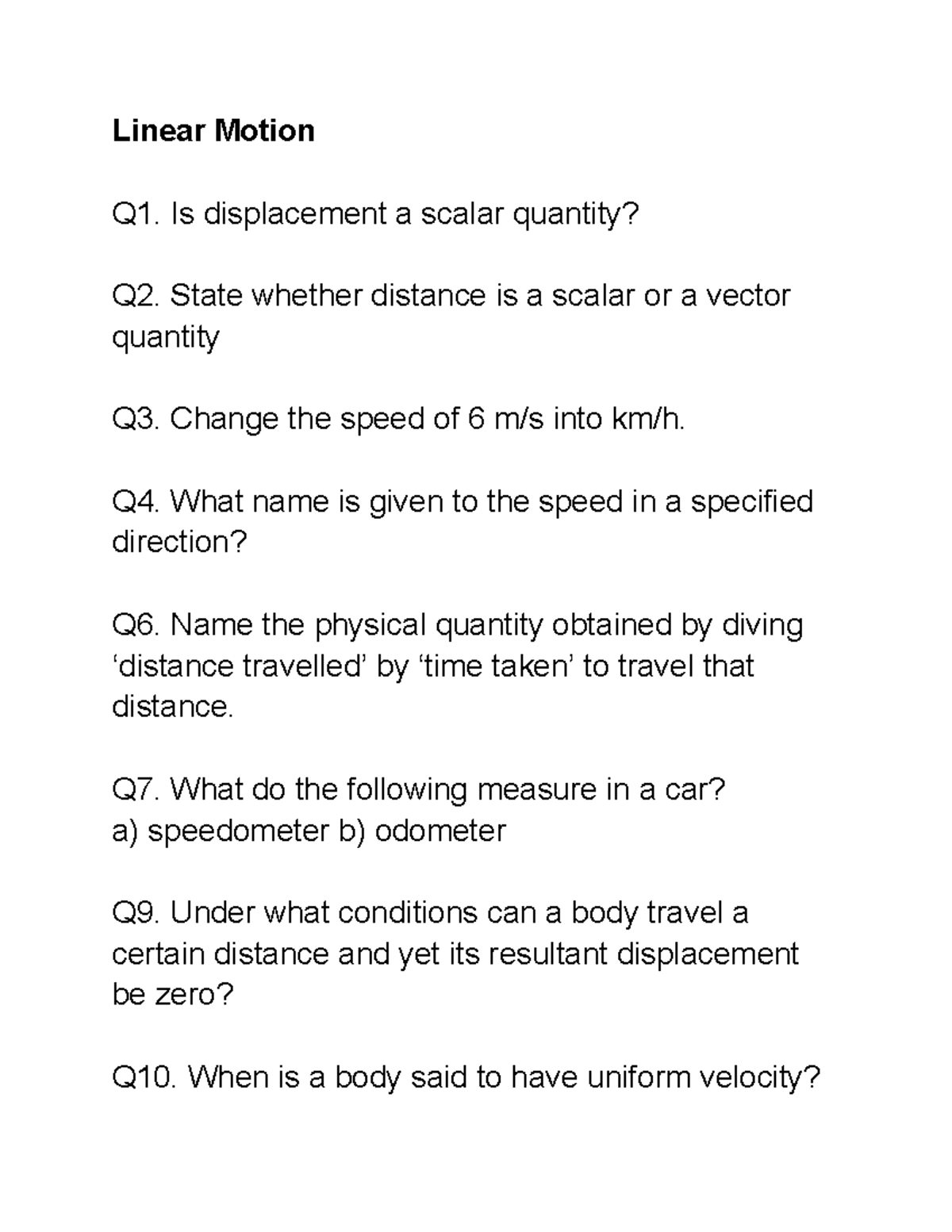 Linear Motion Questions: Scalars, Vectors, and Velocity Concepts - Studocu
