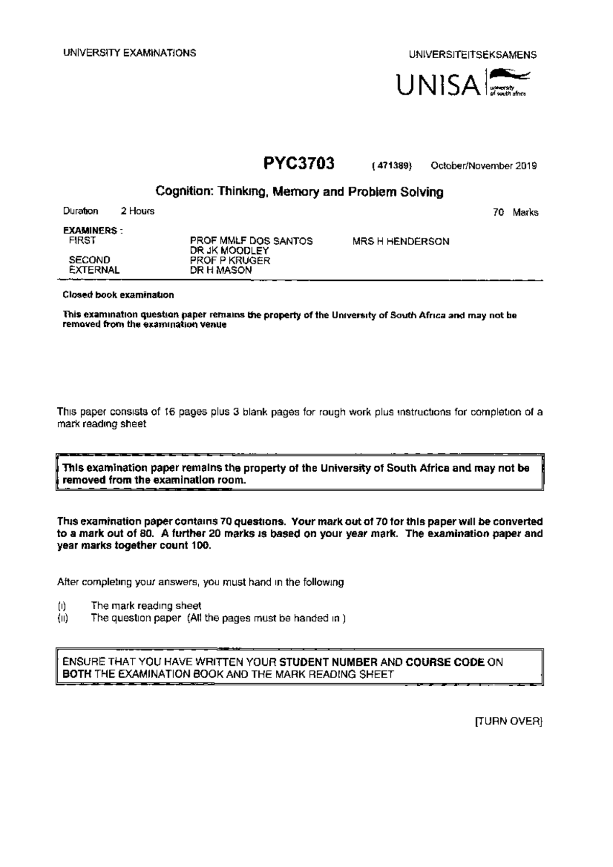 Pyc3703 2019 Final Exam Cognition Thinking Memory Problem Solving