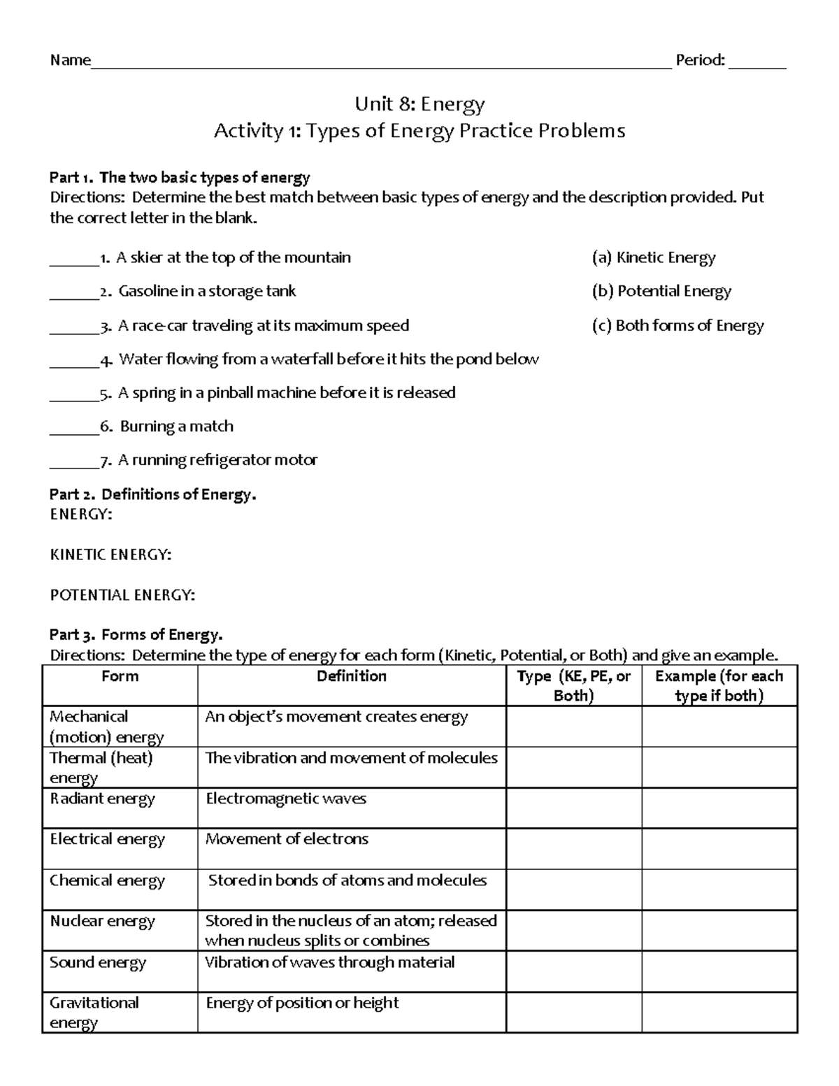 Types of Energy Practice Problems - Unit 8 Activity 1 - Studocu