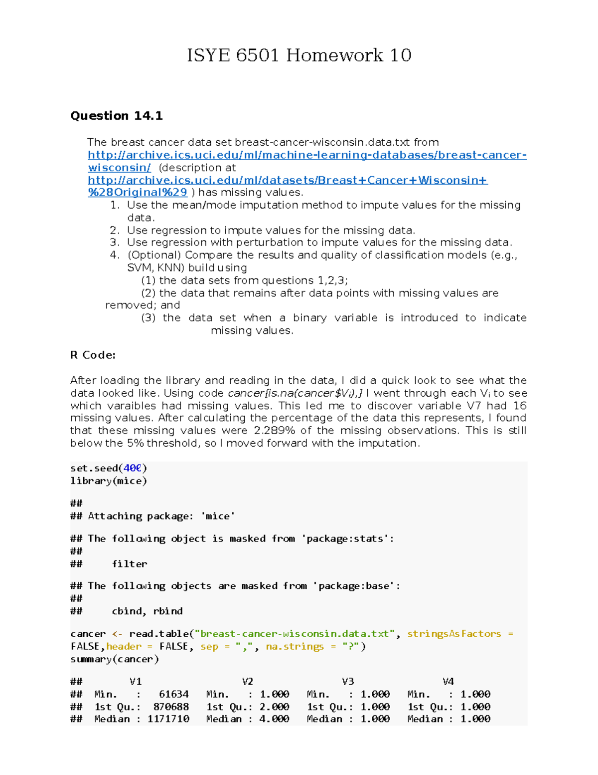 ISYE 6501 Homework 10: Imputation Methods for Missing Data Analysis ...