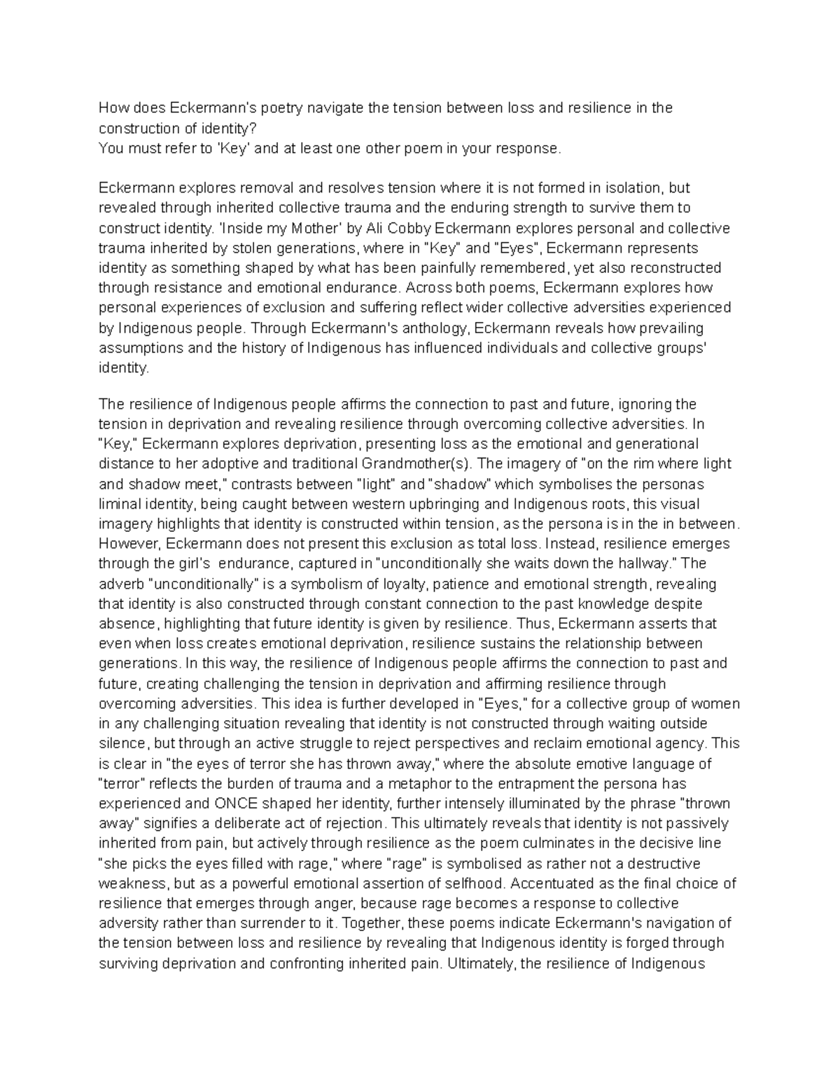 ENG MOD A Essay: Navigating Loss and Resilience in Eckermann's Poetry ...