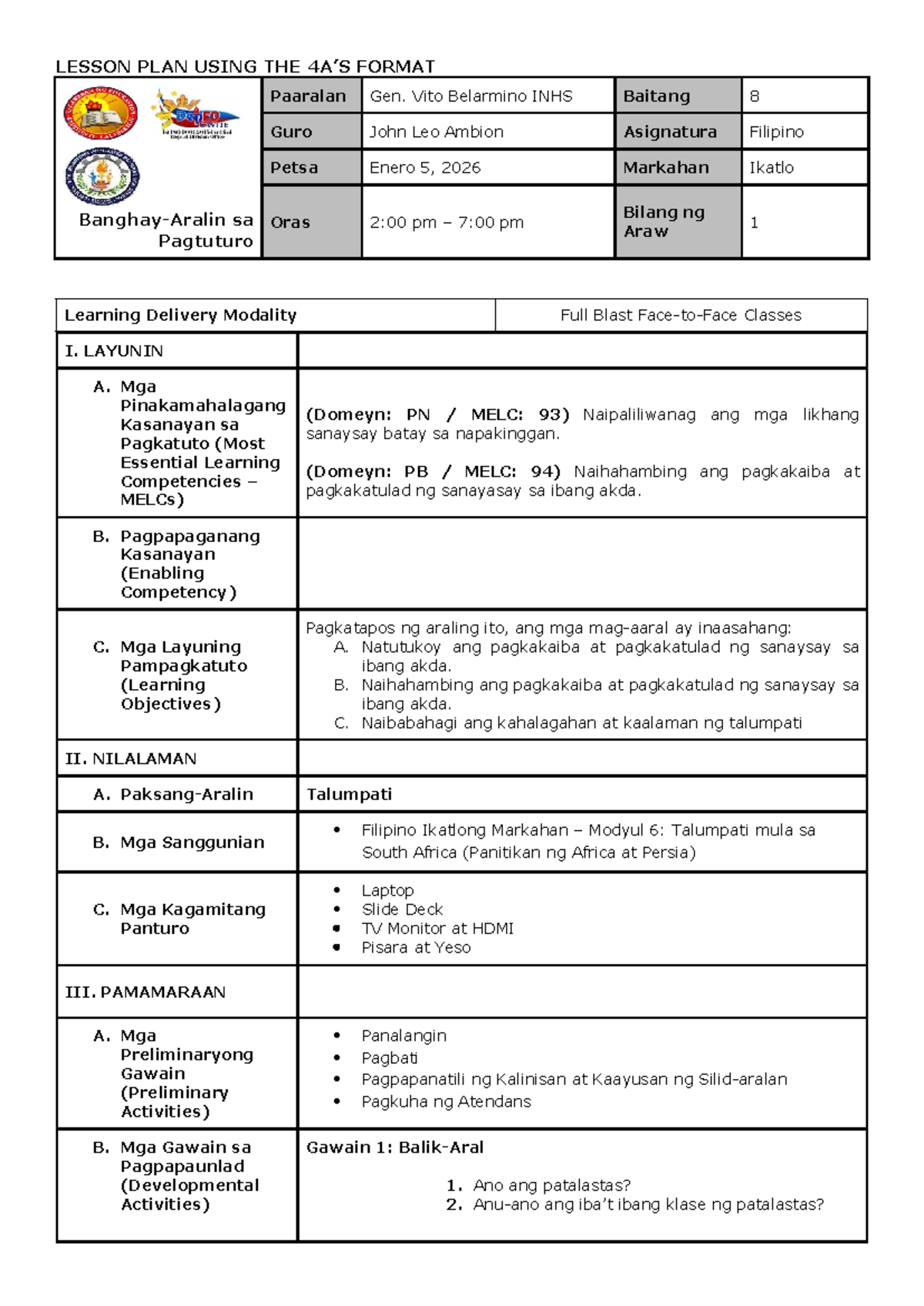 LESSON PLAN: TALUMPATI DAY 1 - Baitang 8 Filipino - Studocu