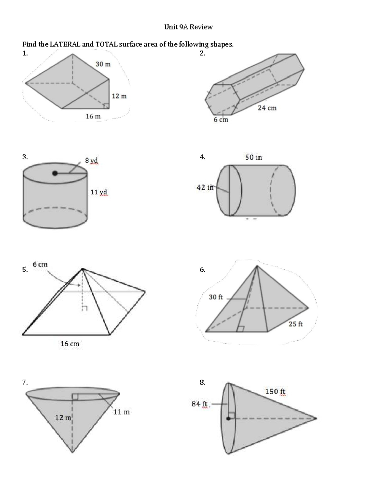 Unit 9A Review: Surface Area of Solids and Related Problems - Unit 9 A ...