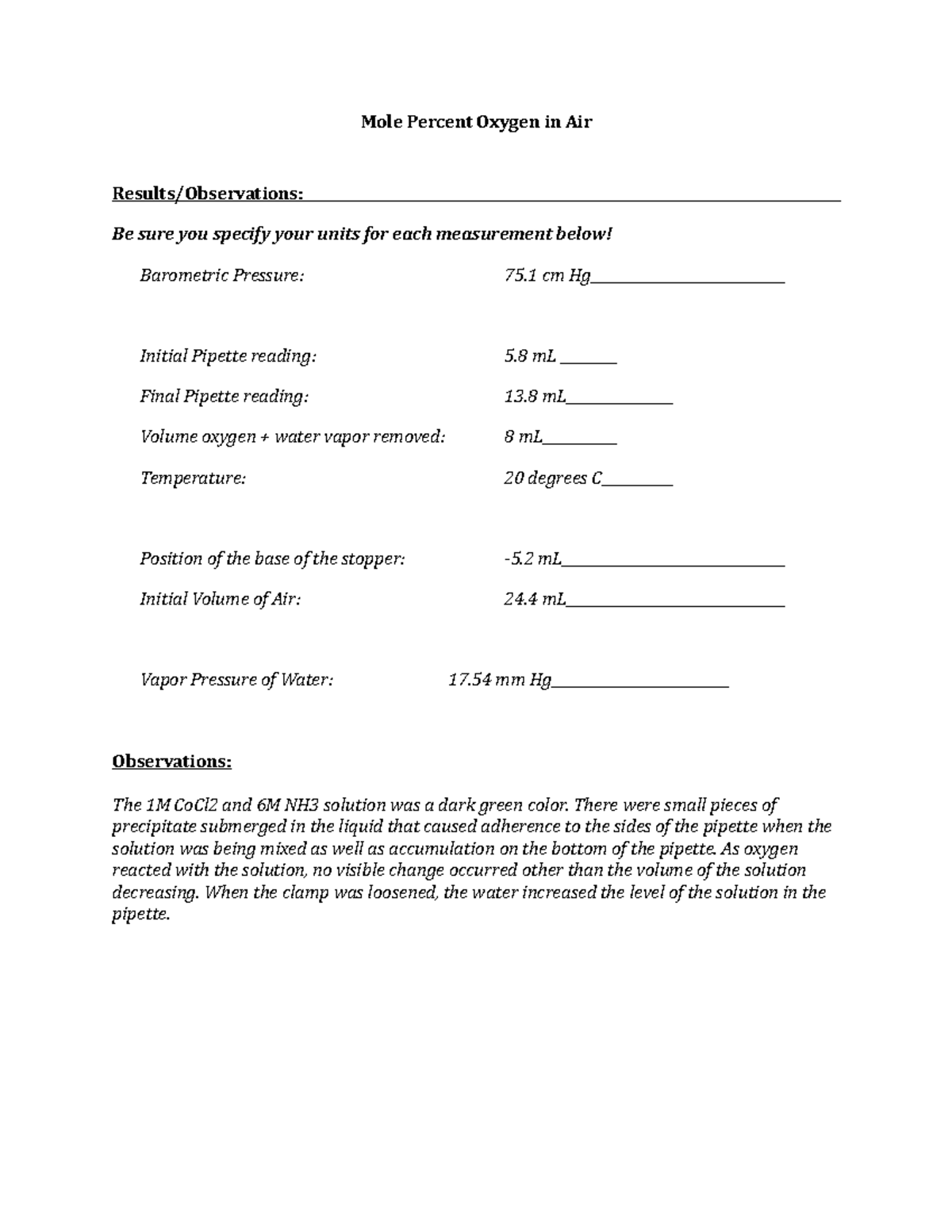 Percent Oxygen Lab Report: Measurements and Observations - Studocu