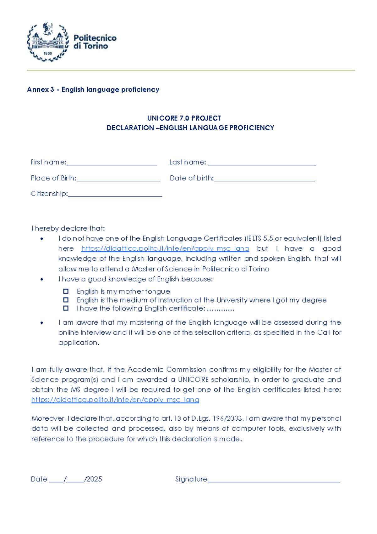 UNICORE 7.0 Project: Annex 3 - English Language Proficiency Declaration ...