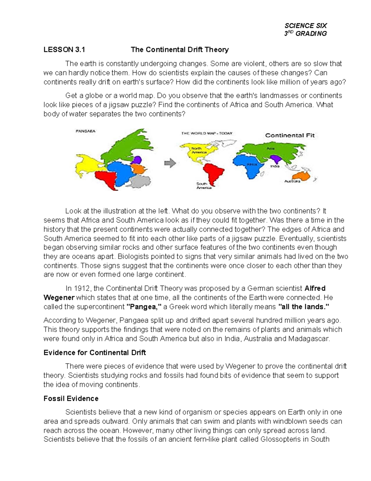 SCIENCE SIX 3RD GRADING LESSON 3.1 Continental Drift Theory and ...
