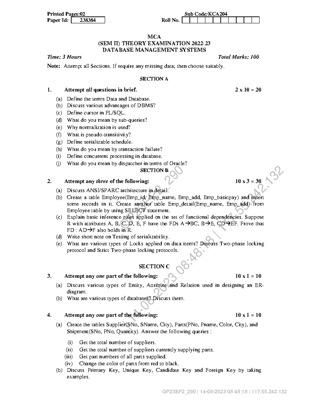 MCA SEM II KCA204 Database Management Systems Exam Notes 2023 - Studocu