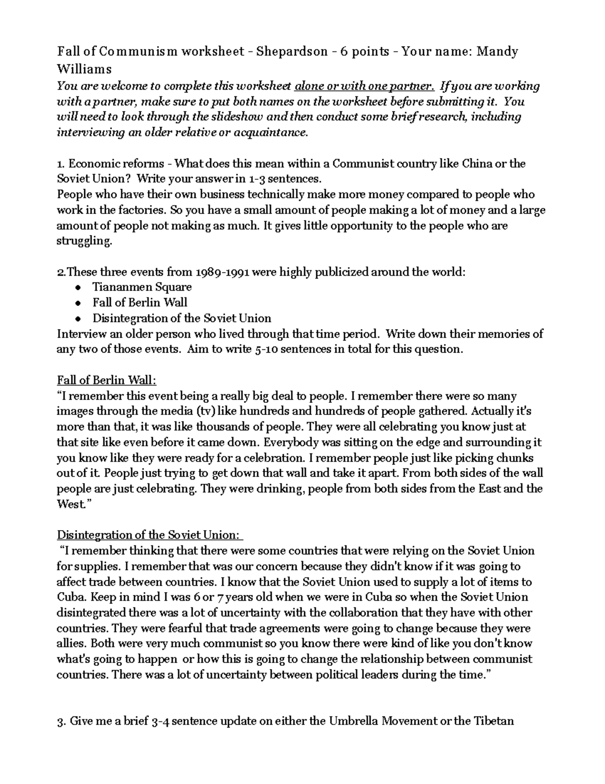 Fall of Communism worksheet - If you are working with a partner, make ...