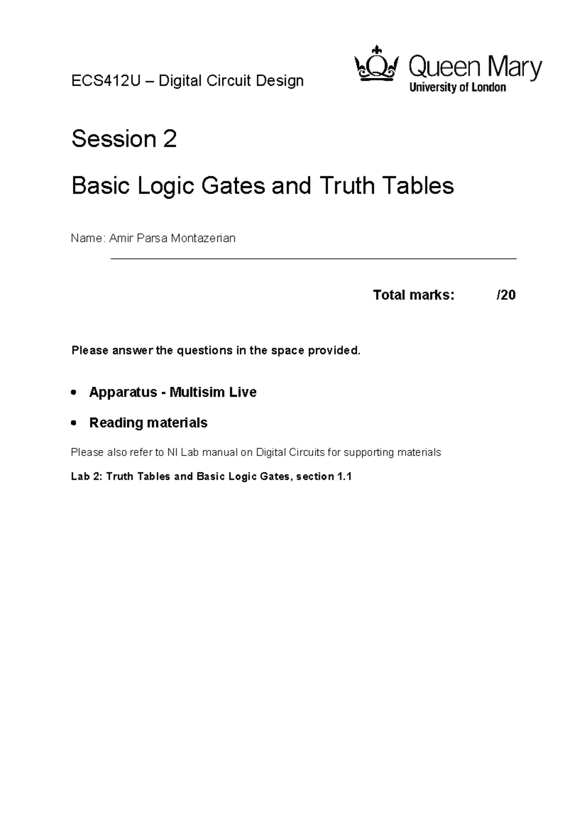 ECS412U Session 2: Basic Logic Gates & Truth Tables Lab Guide - Studocu