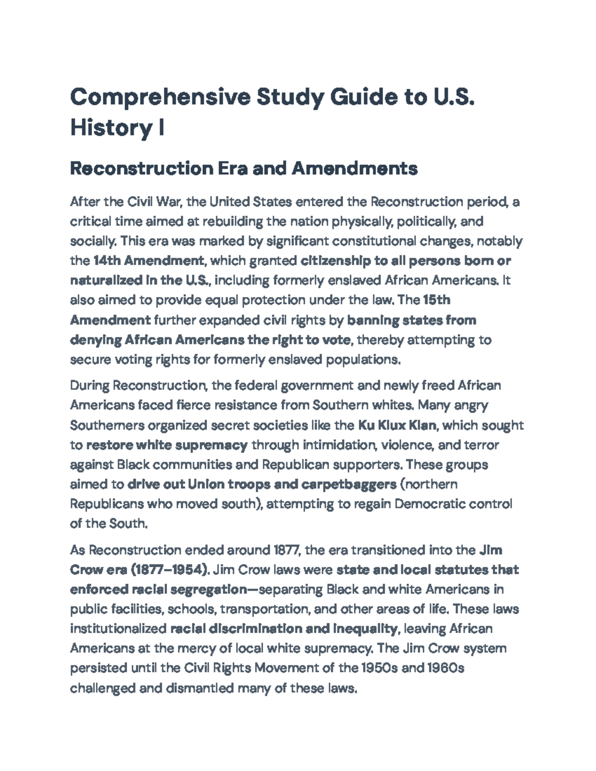 Comprehensive Study Guide for U.S. History I: Reconstruction to WWI ...