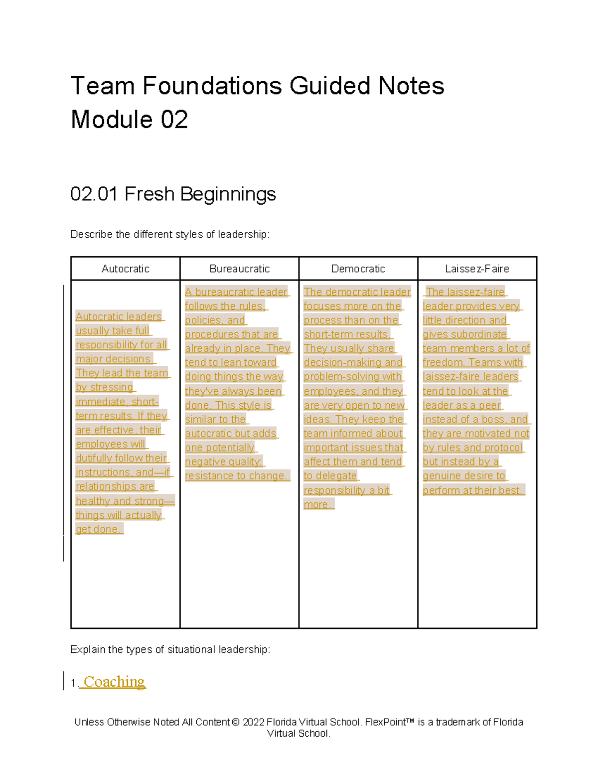 Module 02: Team Foundations Guided Notes on Leadership Styles and ...