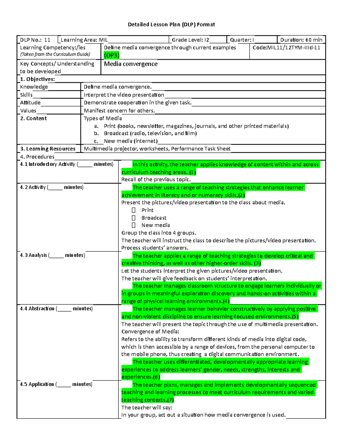MILQ1 Detailed Lesson Plan on Media Convergence - Grade I2 - Studocu