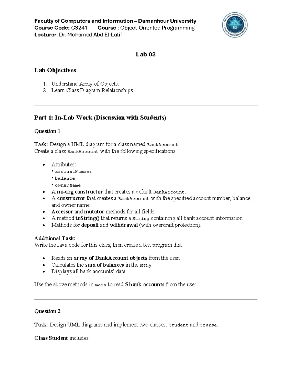 CS241 Lab 03: UML Diagrams and Class Implementations - Studocu