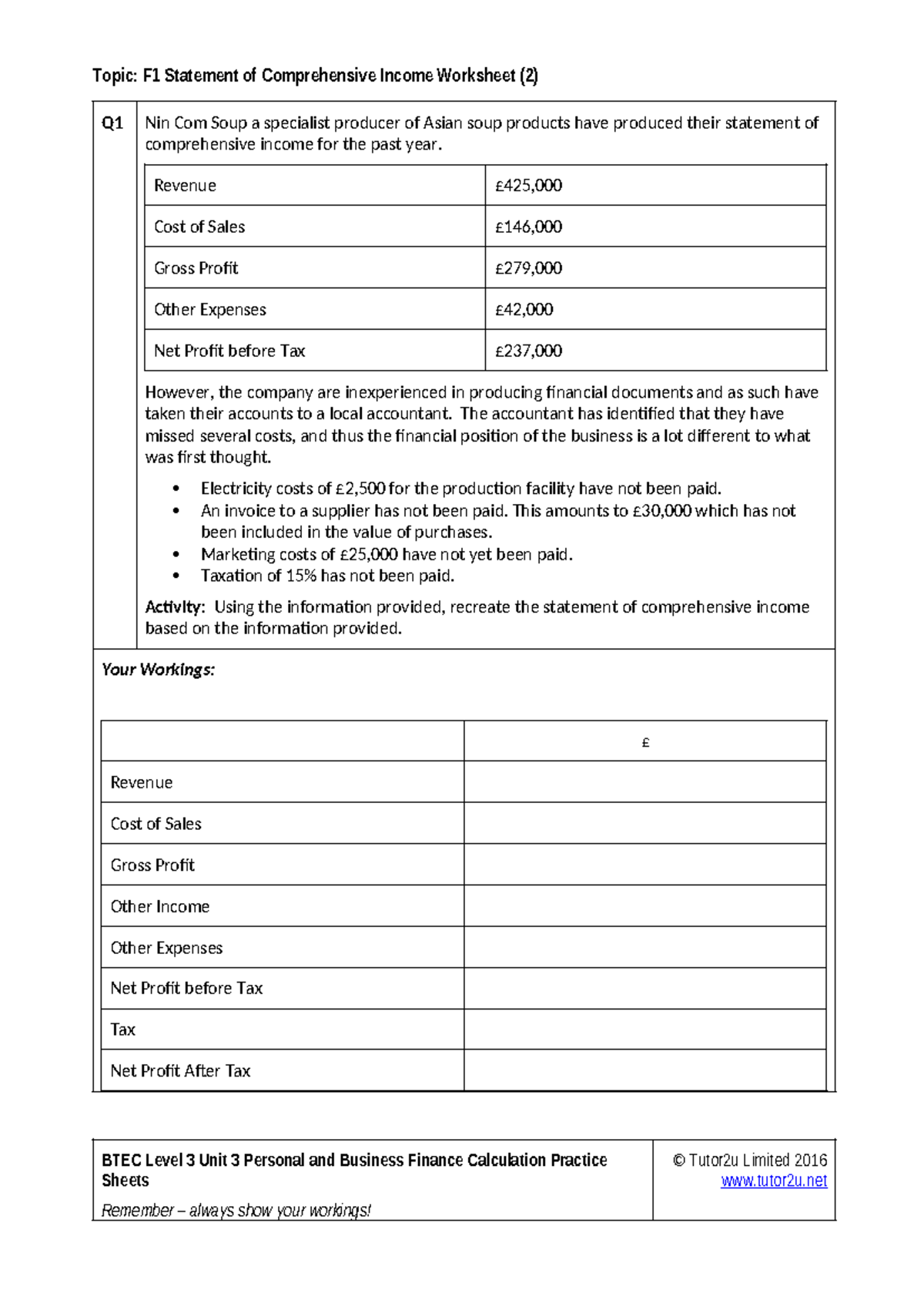 Revised Statement of Comprehensive Income Worksheet for BTEC Level 3 ...