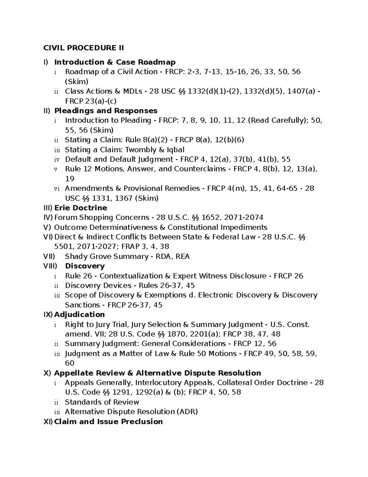 Civil Procedure II shell outline - CIVIL PROCEDURE II I) Introduction ...