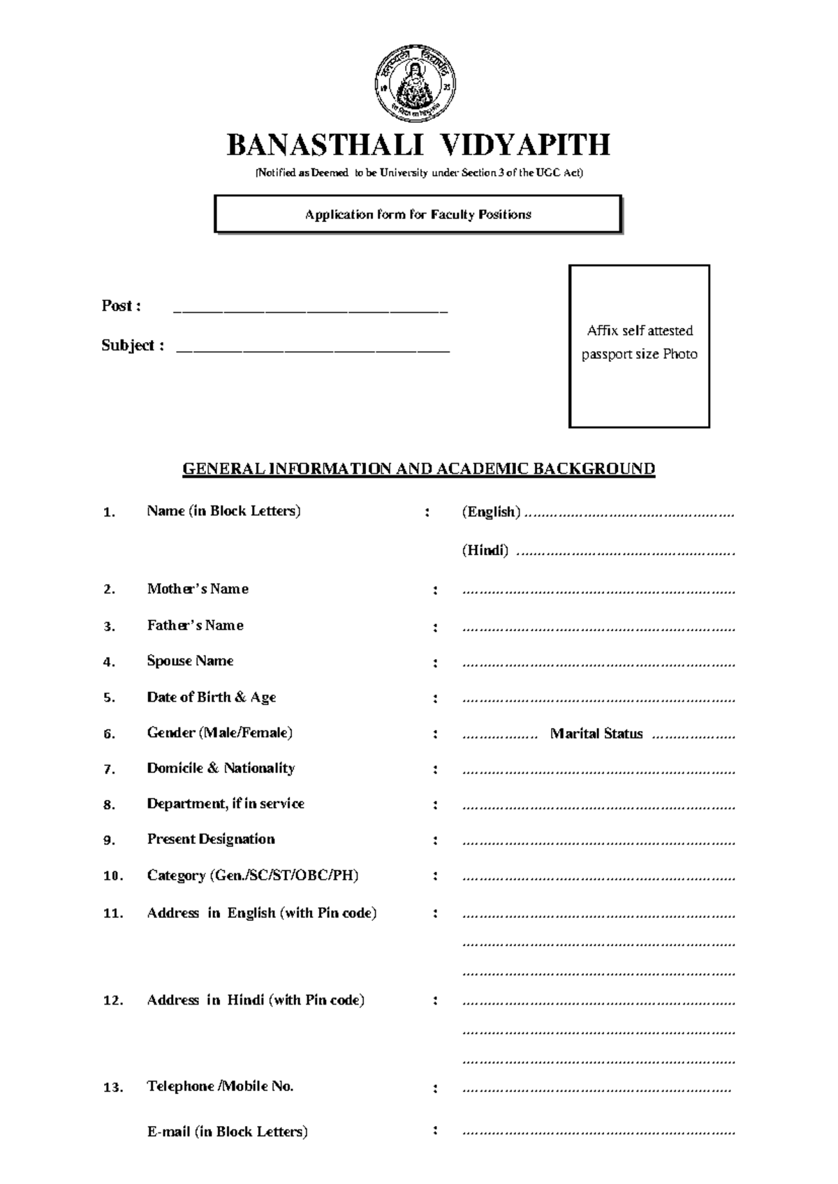 BANASTHALI VIDYAPITH Faculty Application Form for Teaching Positions ...