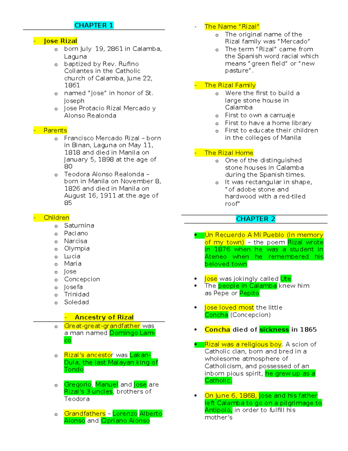 Rizal Biography Reviewer - CHAPTER 1 Jose Rizal o born July 19, 2861 in ...
