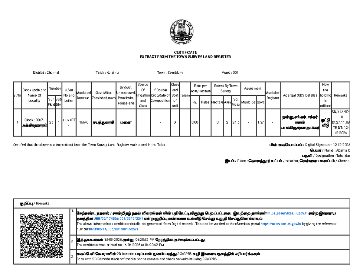 Certificate Extract from Town Survey Land Register - Chennai - Studocu