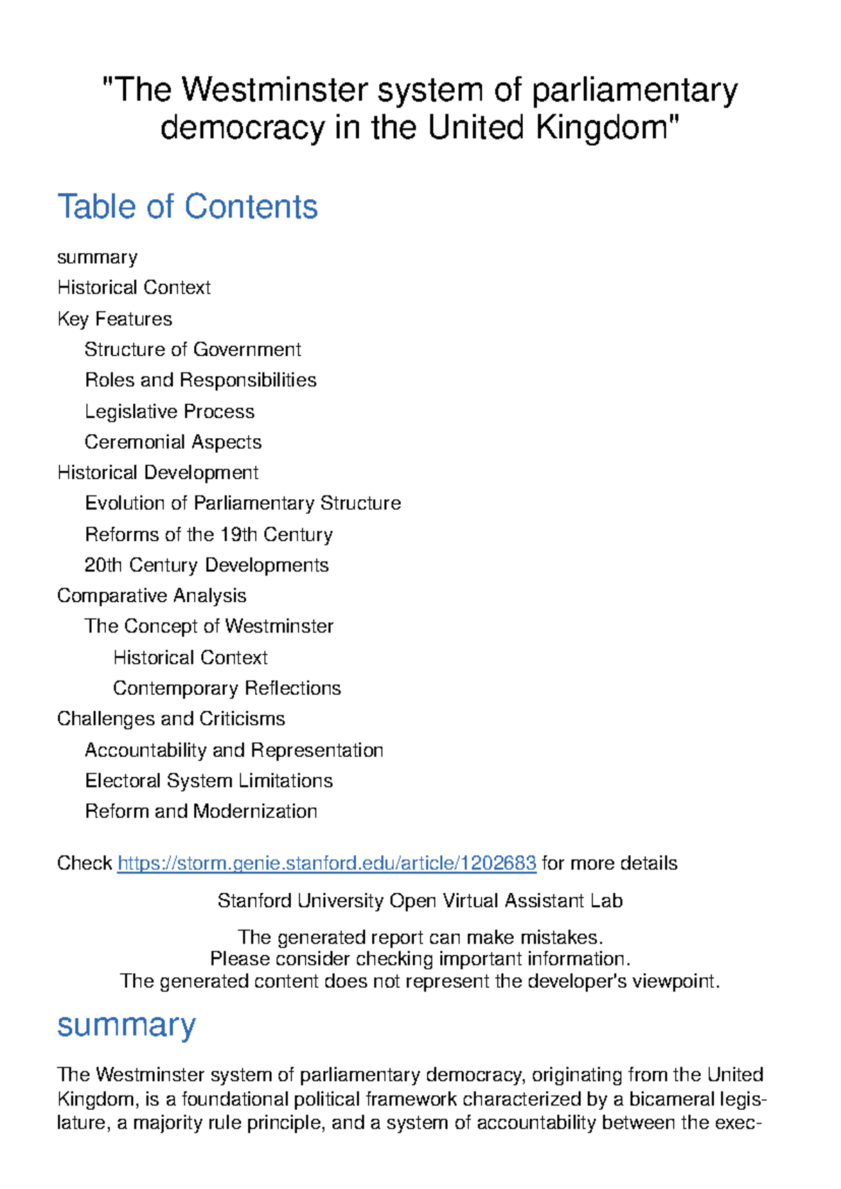 The Westminster System of Parliamentary Democracy in the UK: An ...