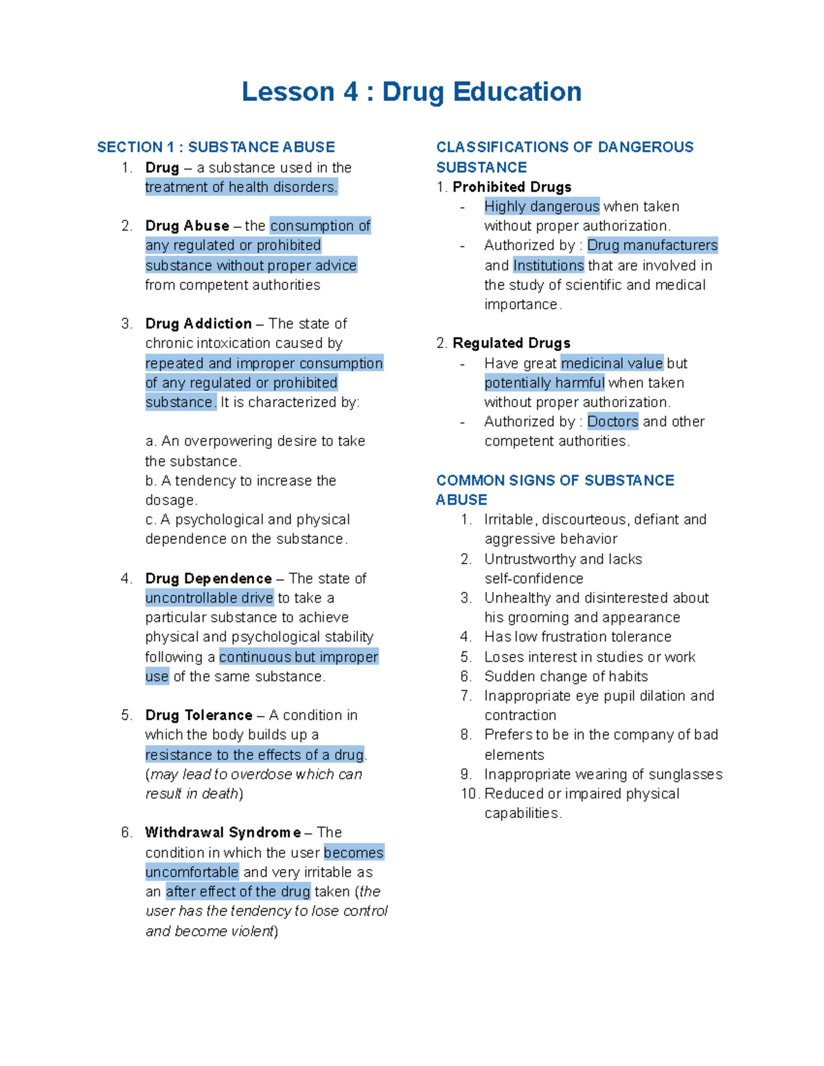 Lesson 4 - Reviewer - SECTION 1 : SUBSTANCE ABUSE Drug – a substance ...