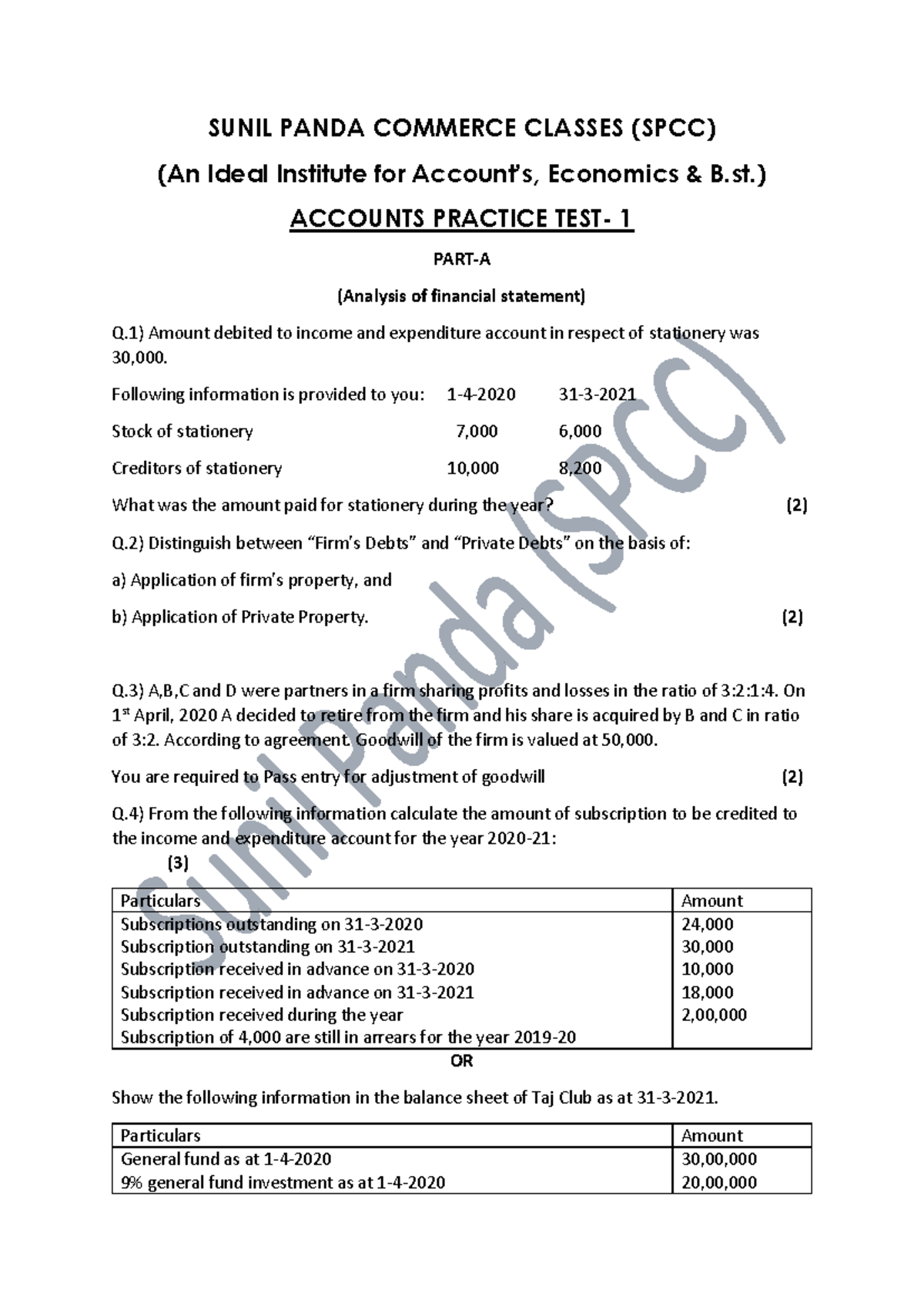 SPCC Accounts Practice Test-1: Most Expected Sample Questions - Studocu