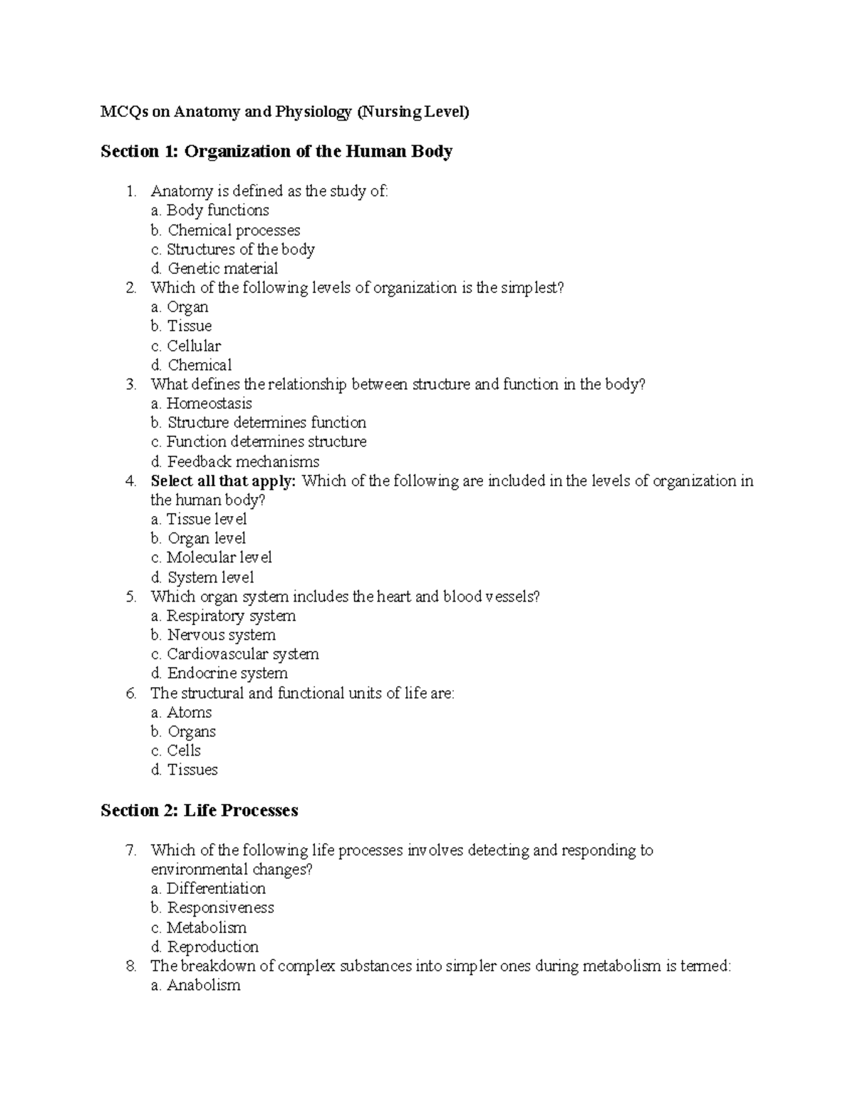 MCQs on Anatomy and Physiology - Body functions b. Chemical processes c ...