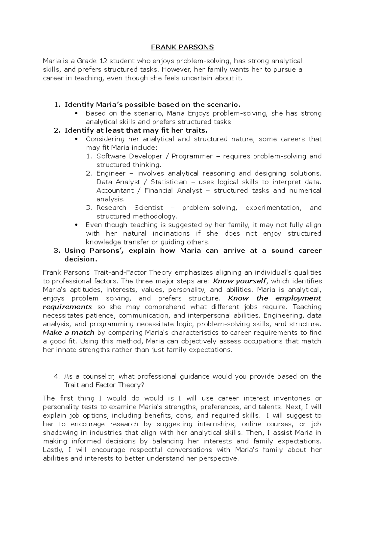 Frank Parsons Career Guidance Assignment: Analyzing Maria's Path - Studocu