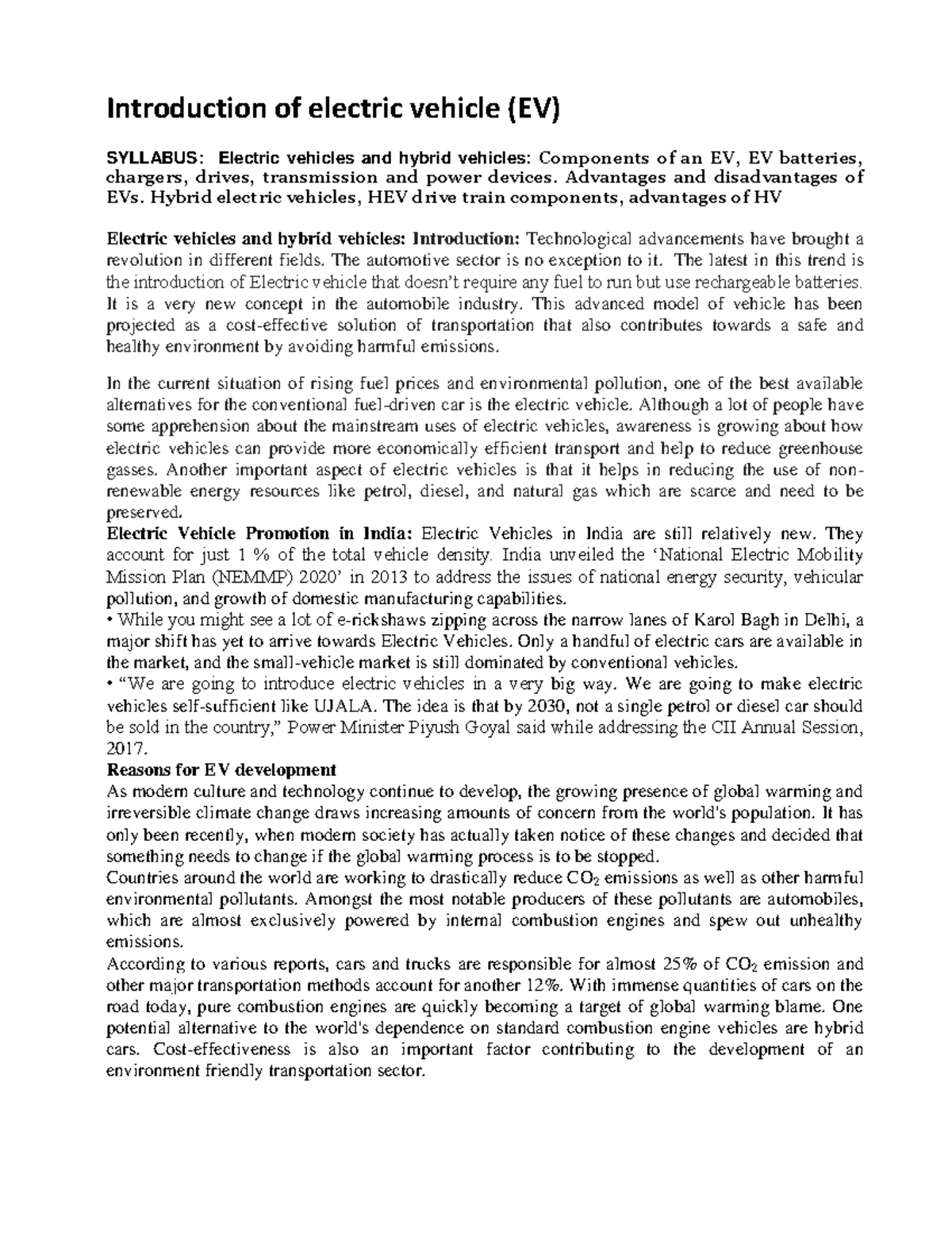 Unit 2: Electric Vehicle (EV) Notes - Components, Benefits ...
