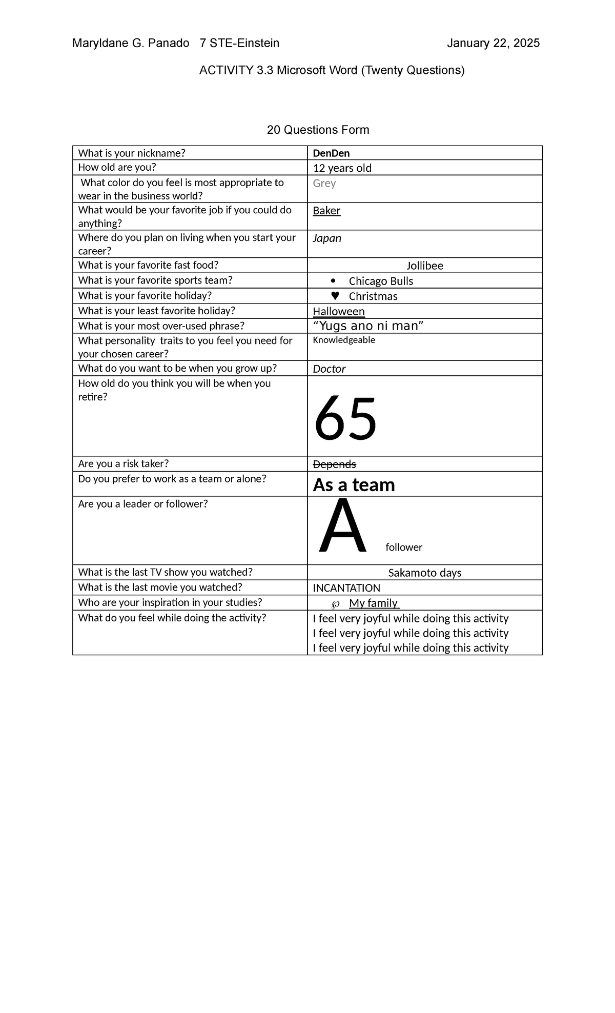 20 Questions Form - Activity 3.3 for Microsoft Word Assignment - Studocu