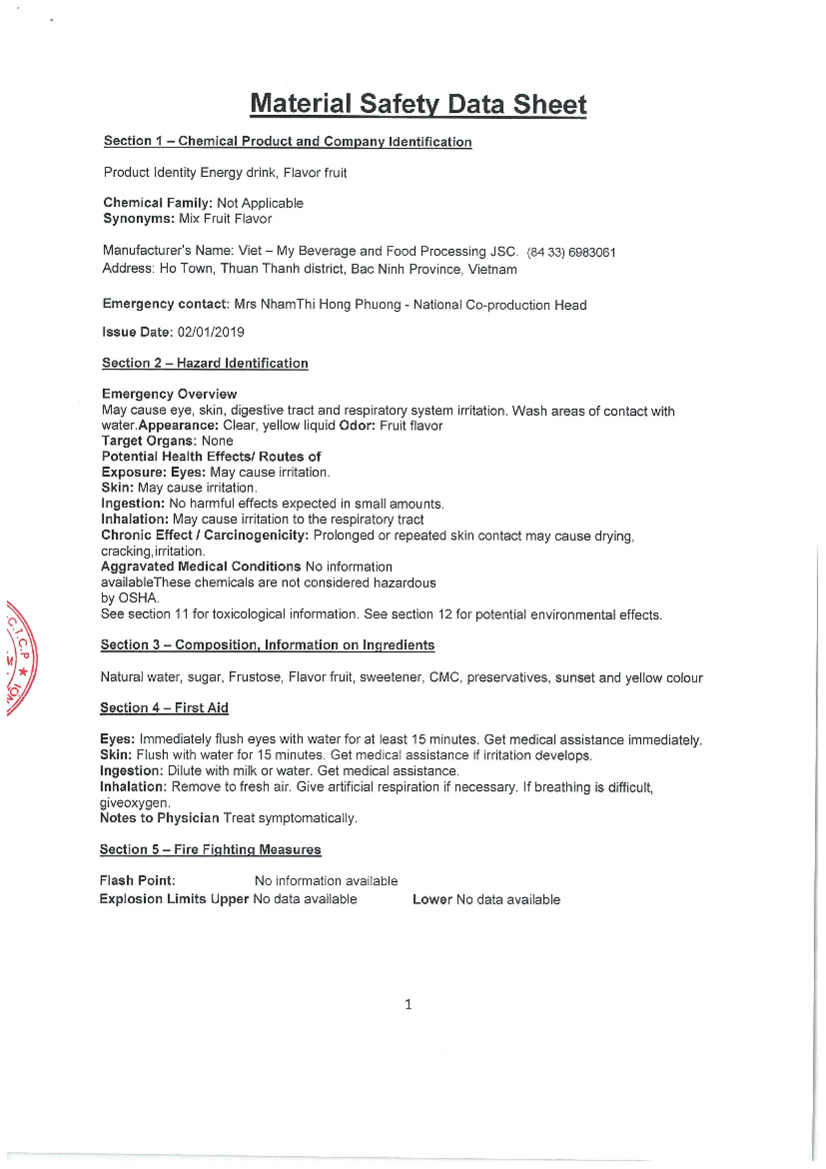 MSDS for Energy Drink and Fruit Juice - Viet My Beverage - Studocu