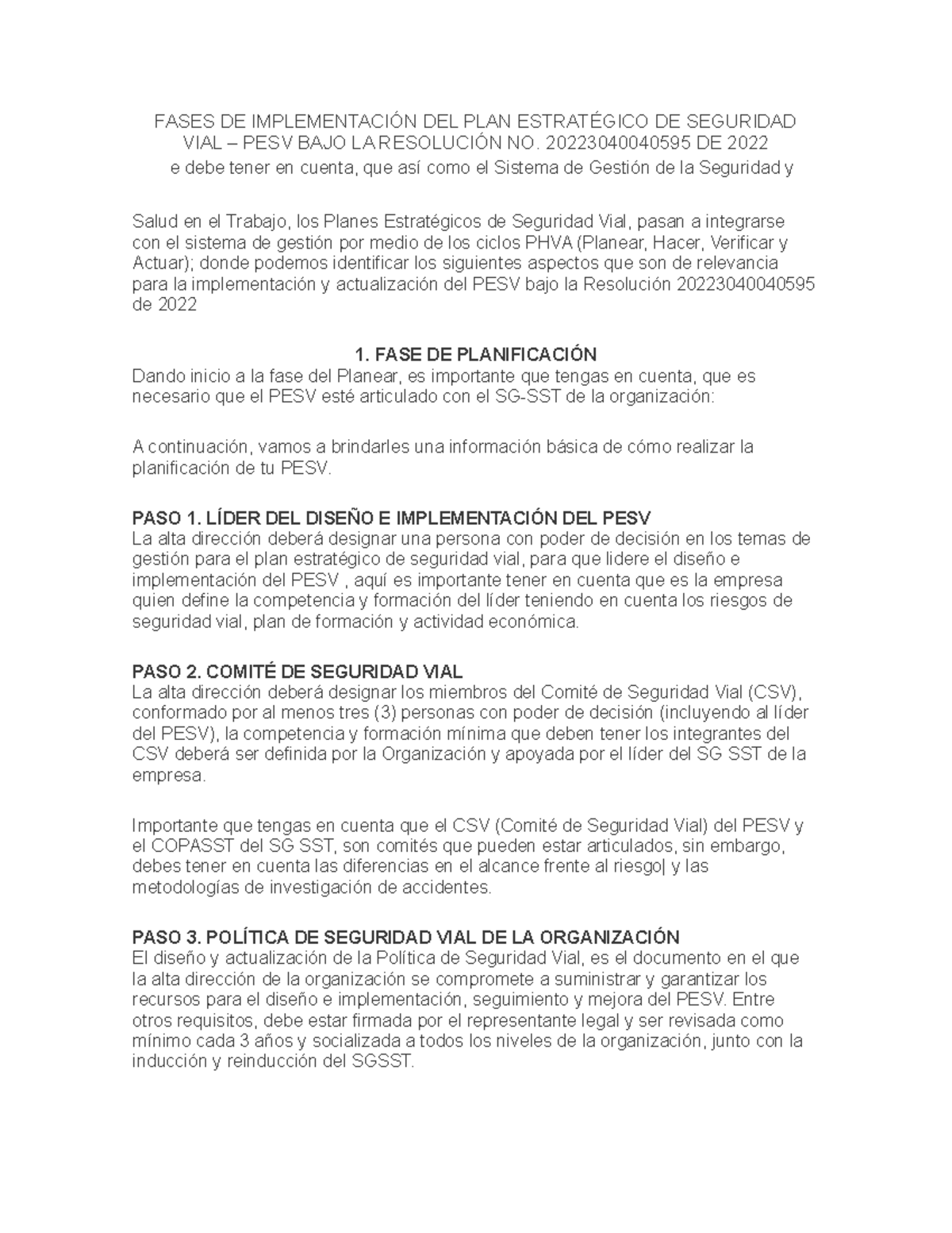 Implementación y Pasos Clave del PESV - Resolución 20223040040595 - Studocu