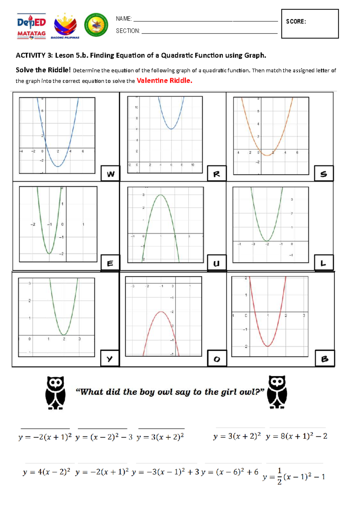 Activity 3 Finding Equation of the quadratic function Graph - ACTIVITY ...