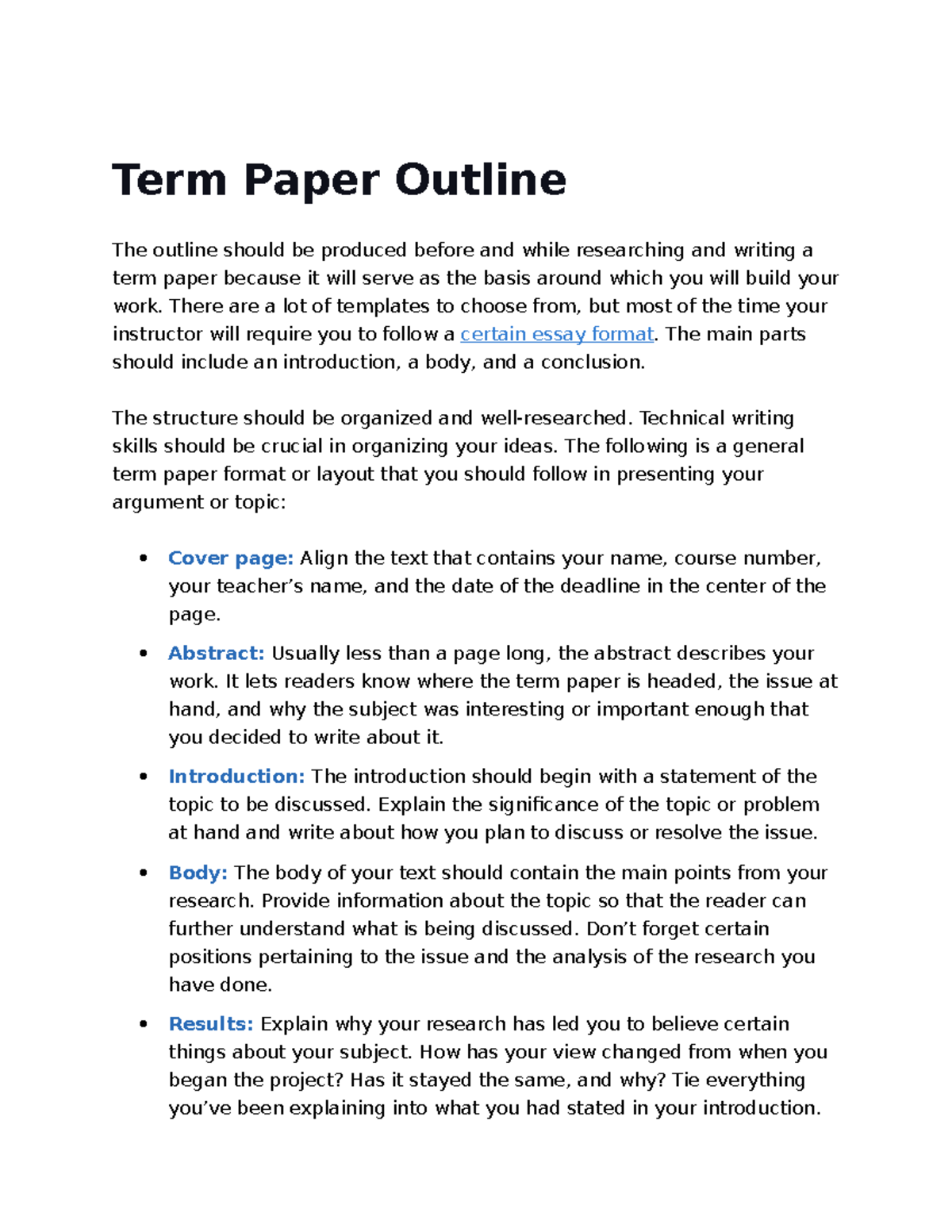 Term Paper Outline - Term Paper Outline The outline should be produced ...