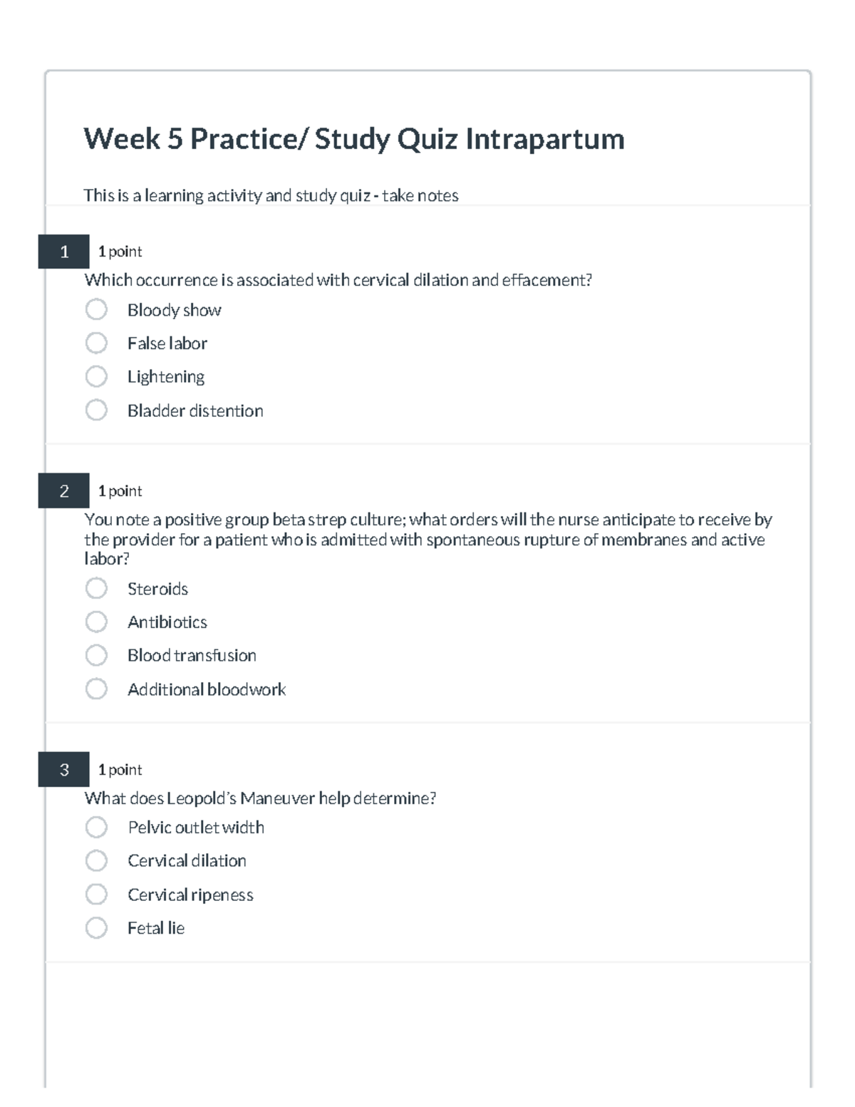Week 5 Intrapartum Practice Quiz and Study Notes - Studocu