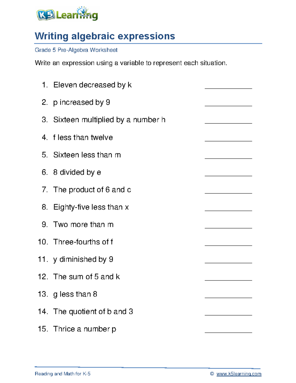 Grade 5 Algebraic Expressions Worksheet - Studocu