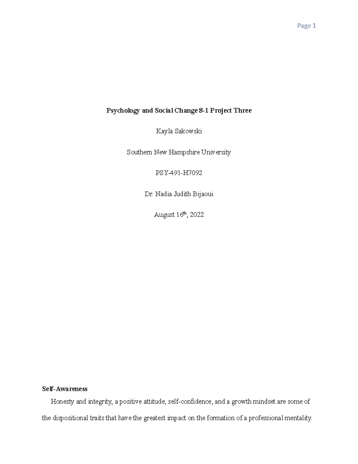 PSY-491-H Self-Awareness & Social Change Project Analysis - Studocu