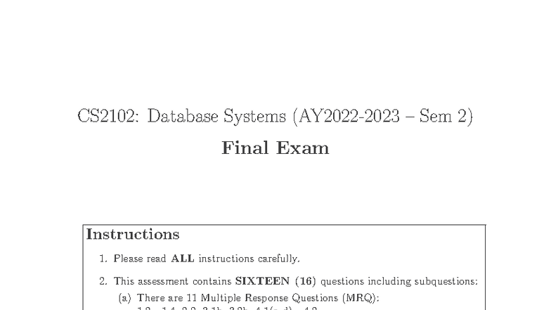 CS2102: Database Systems Sem 2 Final Exam Instructions & Guidelines ...