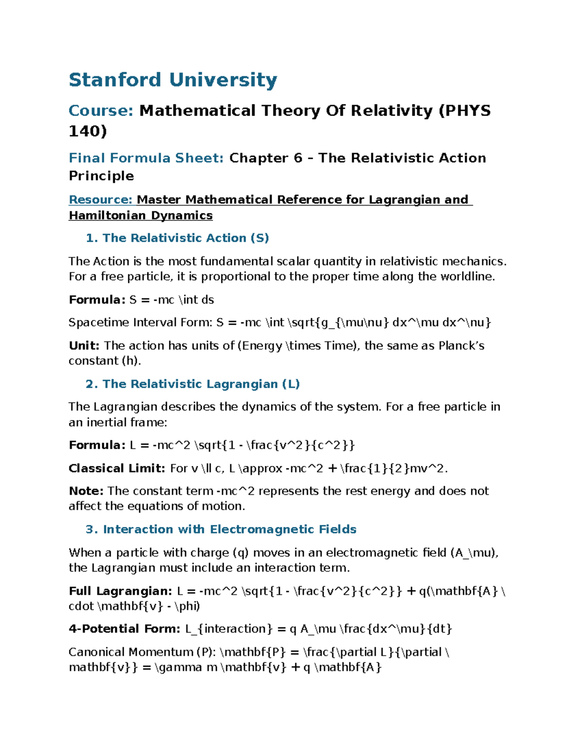 PHYS 140 Stanford Final Formula Sheet: Ch 6 Relativistic Action ...