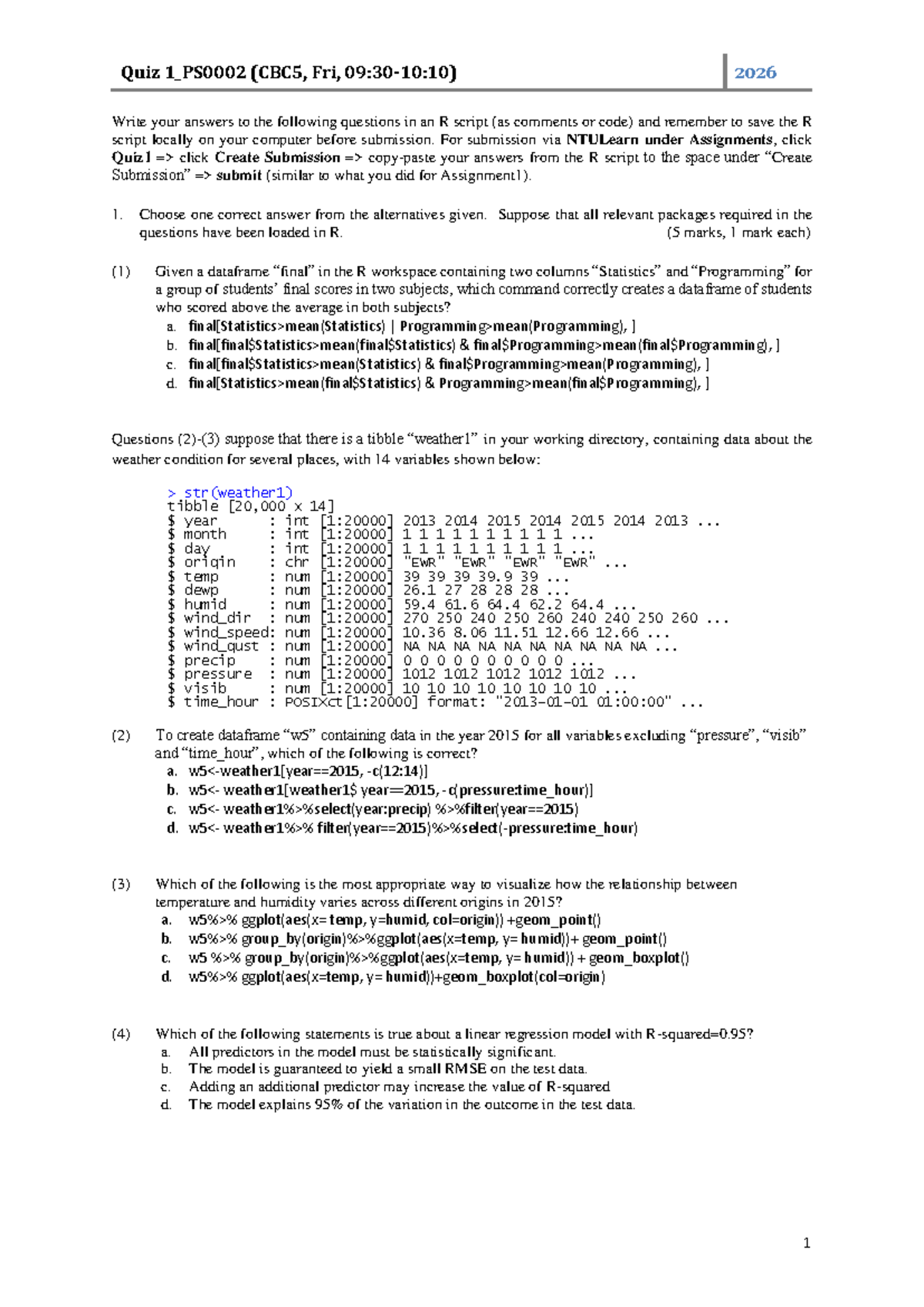 Quiz (CBC5, Fri, 2026) R Script Questions and Answers - Studocu